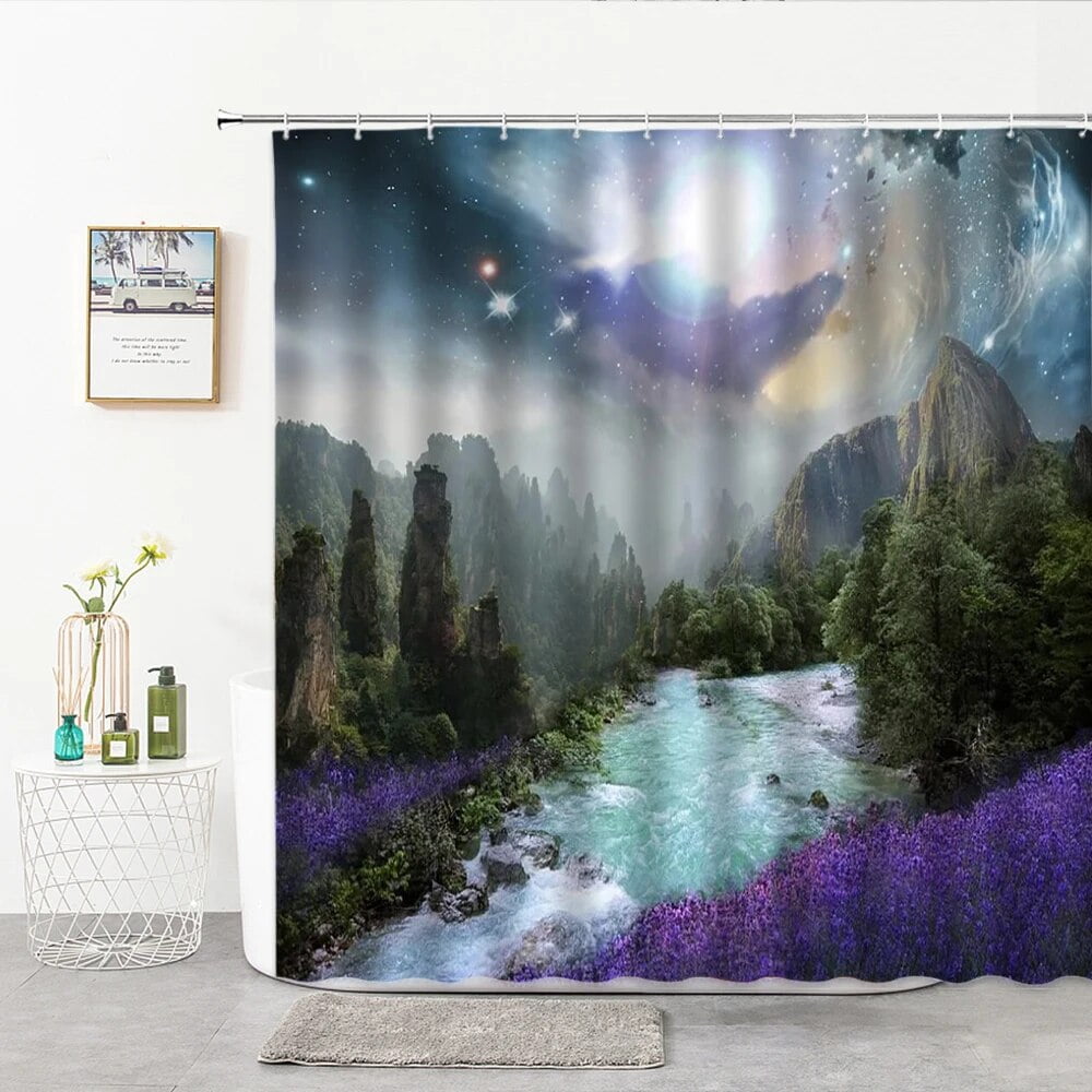Shower Curtains 3D Print Waterfall Pouring Down In The Sunset Curtain ...