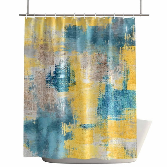 No Hook Shower Curtain Set with Snap in Liner, Blue Yellow Color Block ...
