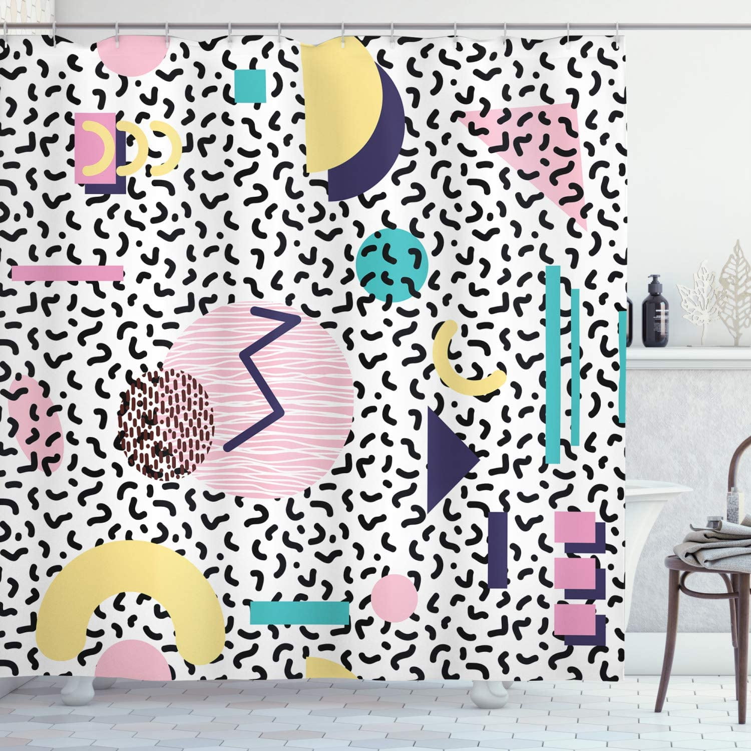 Shower Curtains Geometric Pattern in Retro Style with Round Half Moon ...