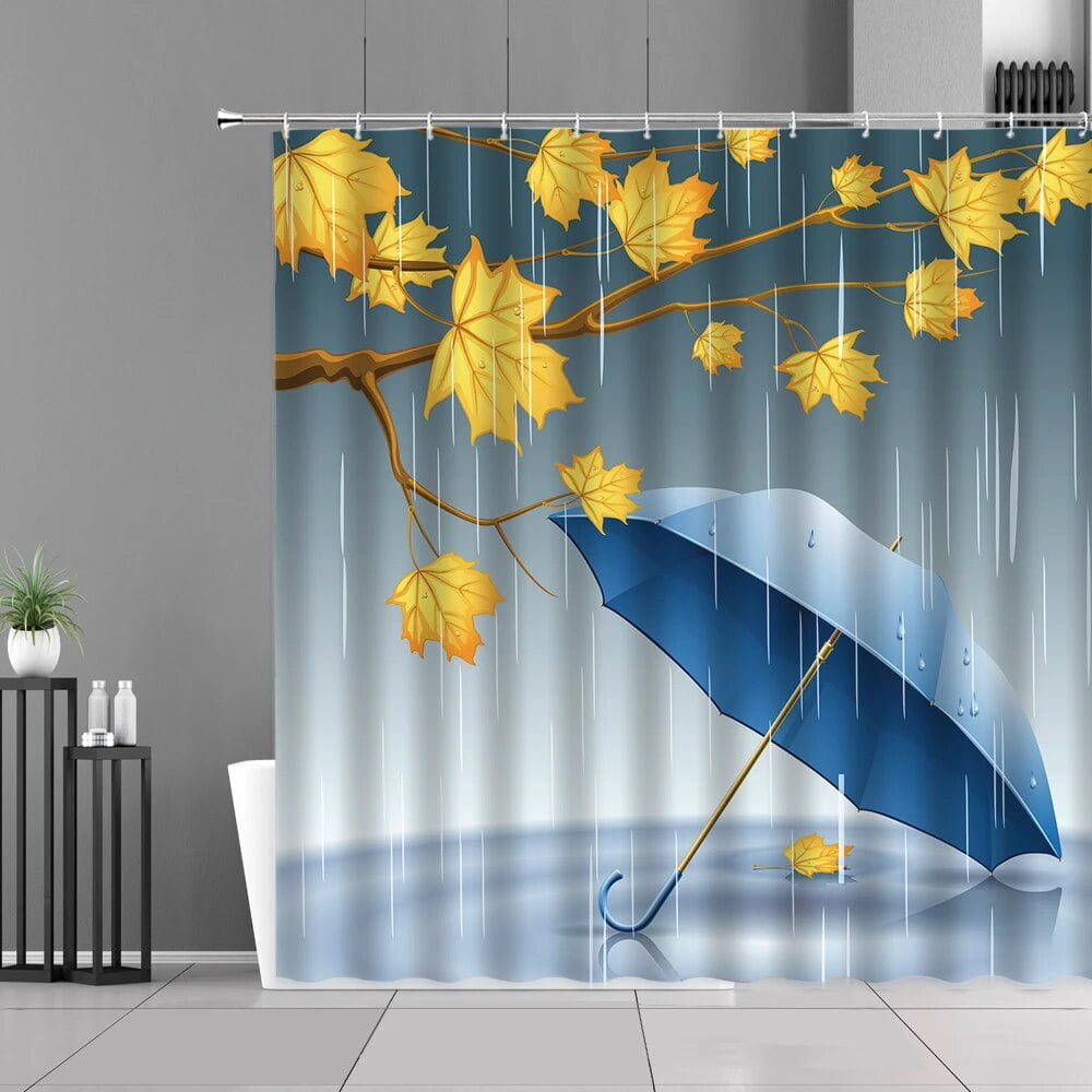 Shower Curtains Golden Umbrella White Bead Curtain Green Background ...
