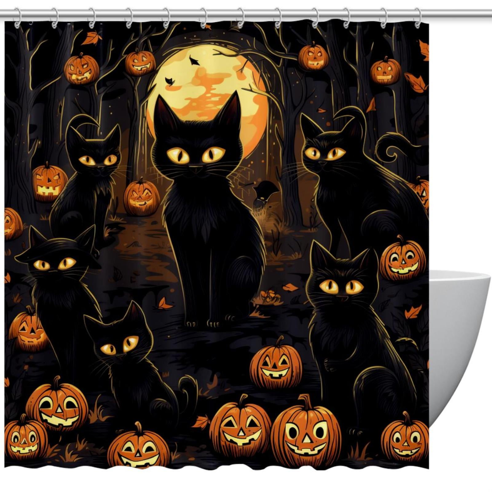 Shower Curtains Halloween Black Cat Waterproof Shower Curtain With