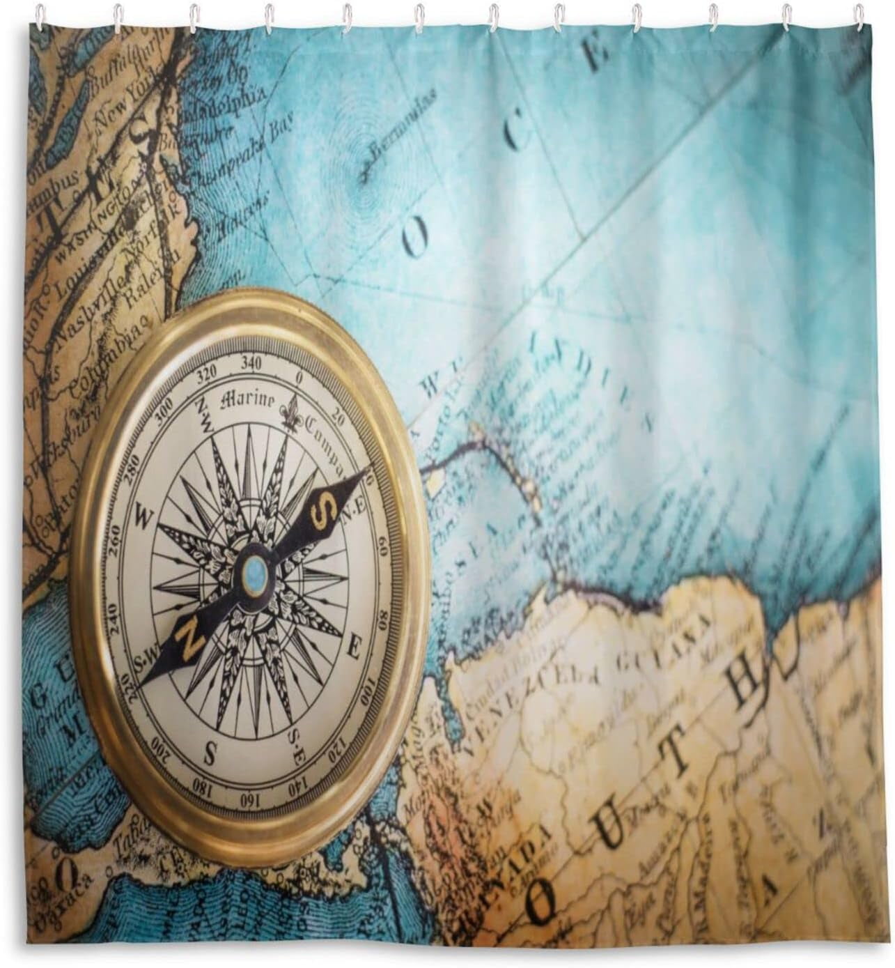Shower Curtains Retro Compass Old Map Curtain, Waterproof Fabric Decor ...