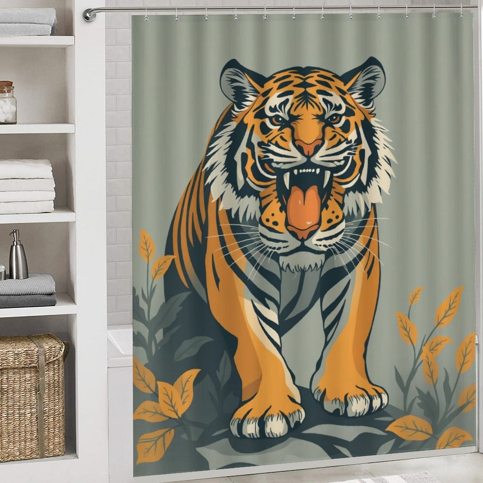 Shower Curtains Roaring Tiger Jungle Foliage Fierce Predator Bath ...