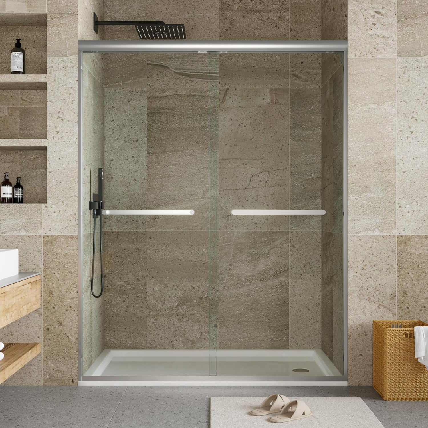 Shower Door, Semi-Frameless Shower Door 72" H, Double Sliding Glass Shower Door with Clear ...