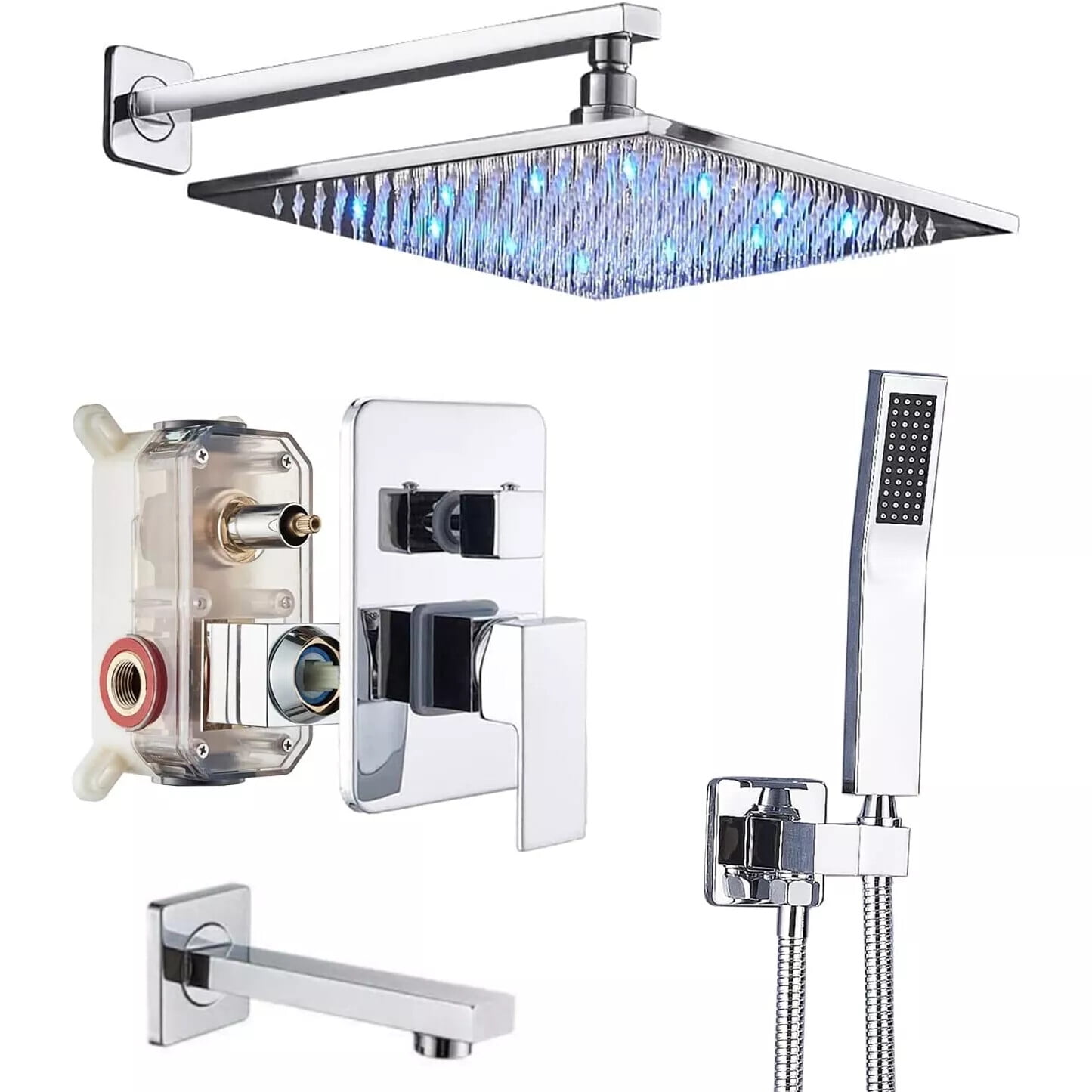 Shower Faucet Set 12'' LED Rainfall Head Combo Kit Tub Filler Mixer ...