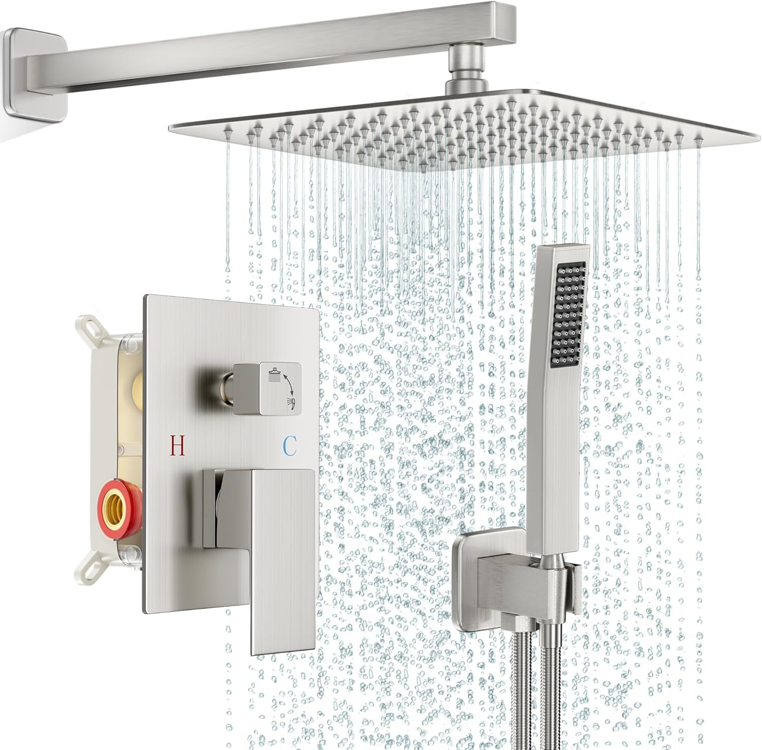 Shower Faucet Set Bathroom Square Rain Shower Head and Handle Set, Wall ...