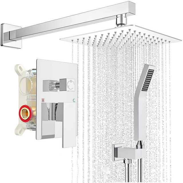 8" Brass Switch Shower Head Combo, Chrome Rainfall Faucet Set System w ...
