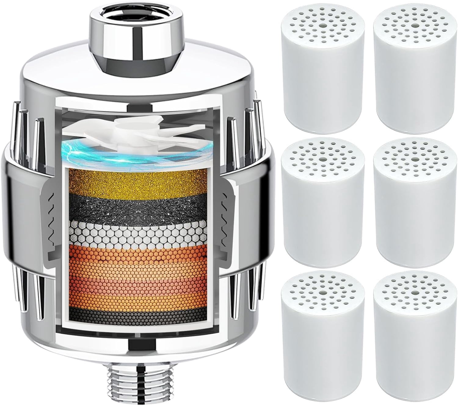 Shower Filter with 6 Cartridge Chrome - Hard Water Softener, 99% ...