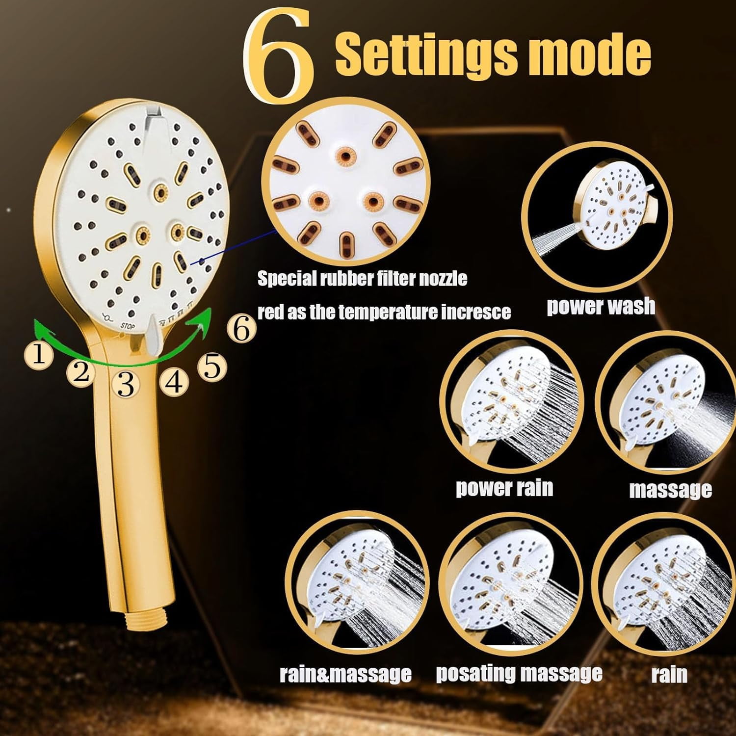 Shower Head, 10'' High Pressure Rain Shower Head with 6 Settings/Spray ...