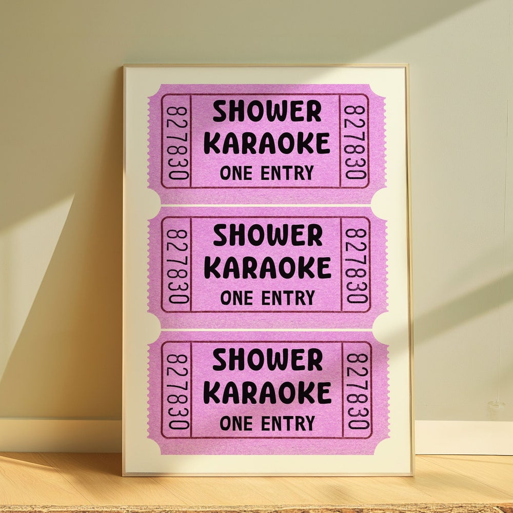 Shower Karaoke Ticket Wall Art, Pink Bathroom Decor, Vintage Ticket ...