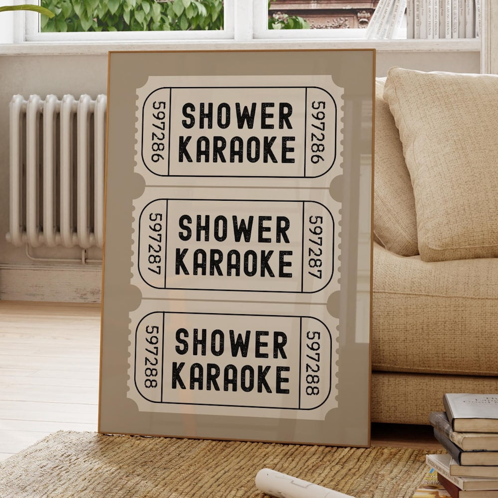 Shower Karaoke Tickets Wall Art, Preppy Art Prints, Beige Bathroom ...