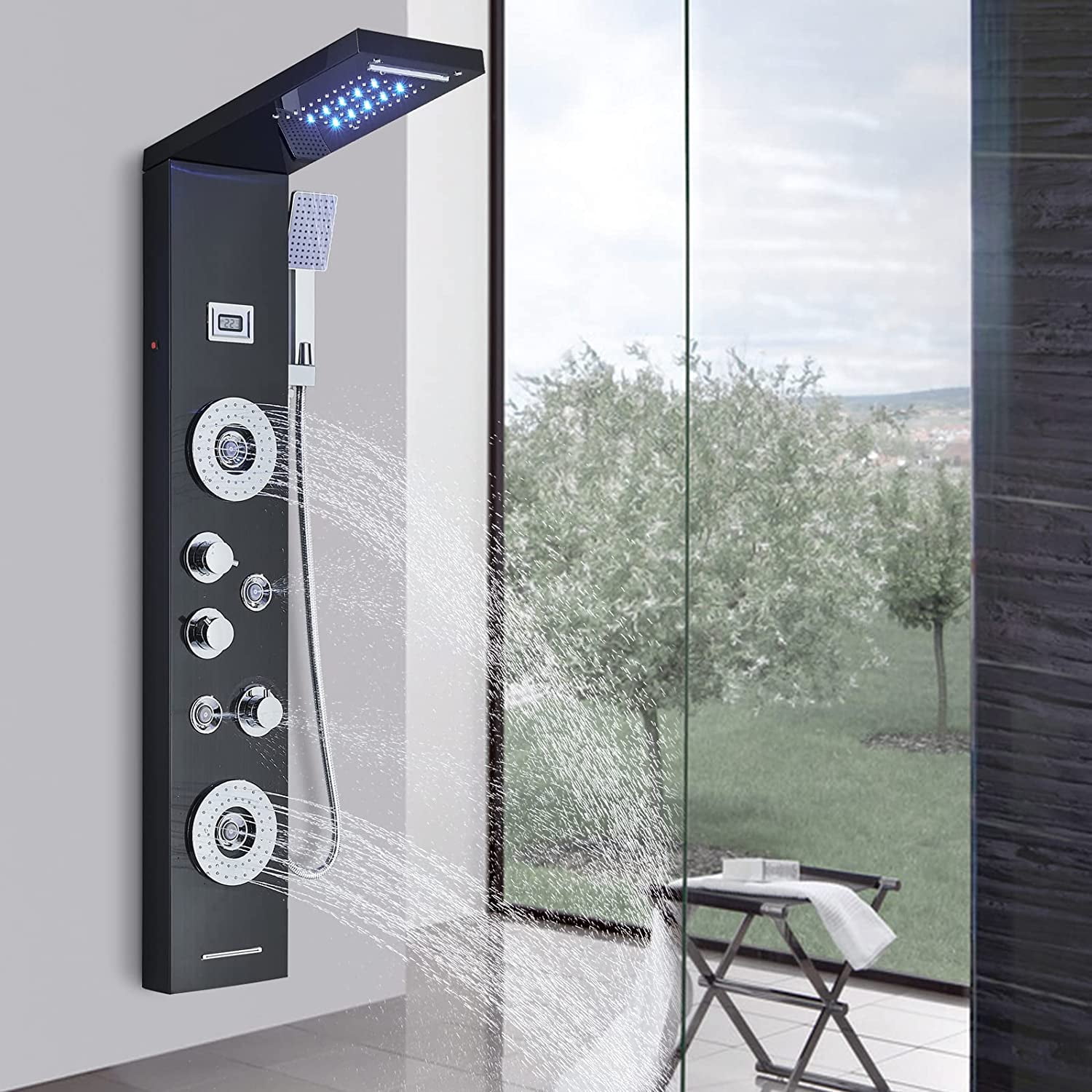 Shower Panel Bathroom massage Shower Column With LED Shower Head Black ...