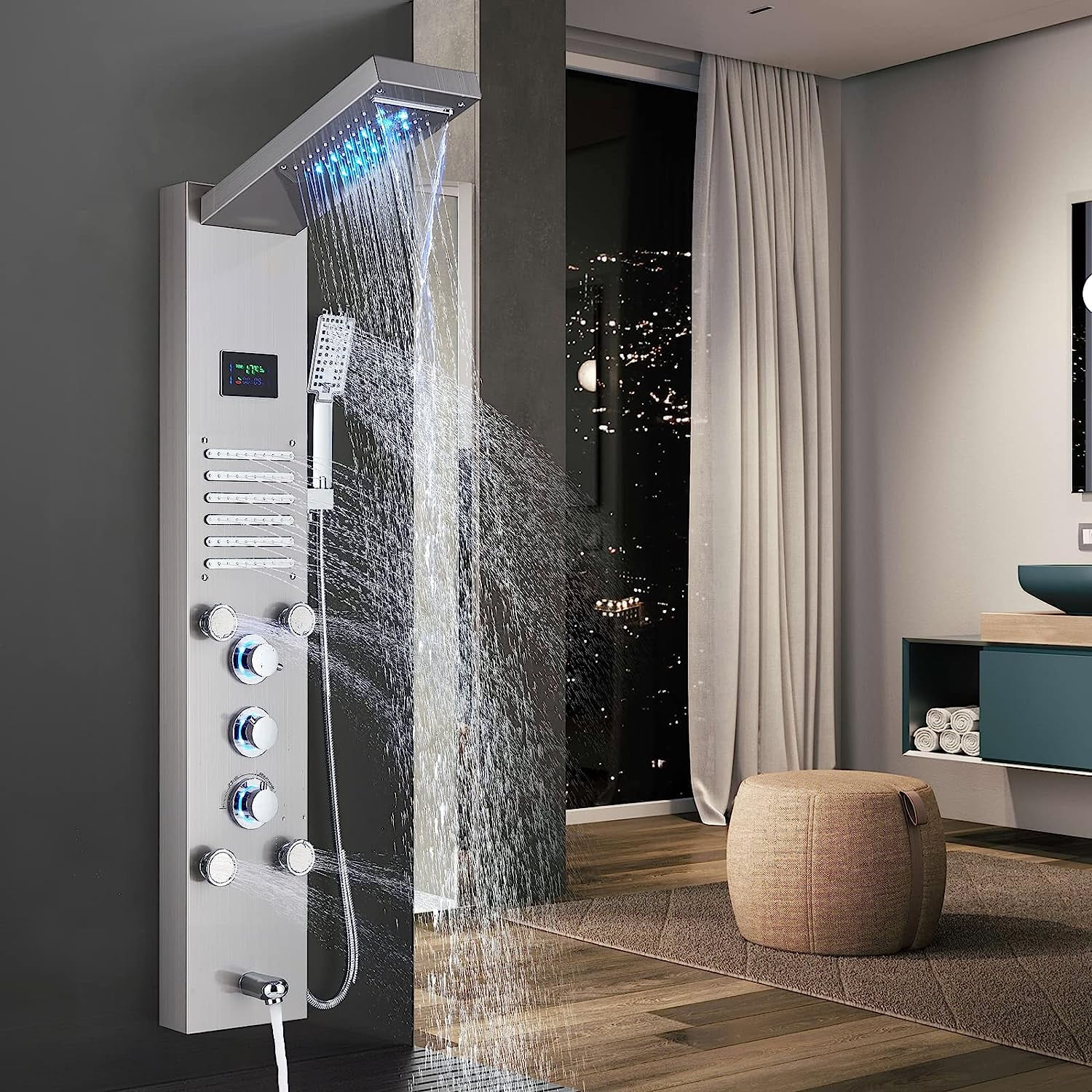 Shower Panel Tower LED Rainfall Waterfall Massage Shower System with ...
