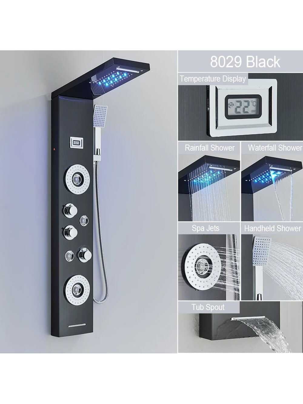 Shower Sets For Bathroom Black LED Shower Panel Waterfall Rain Shower ...