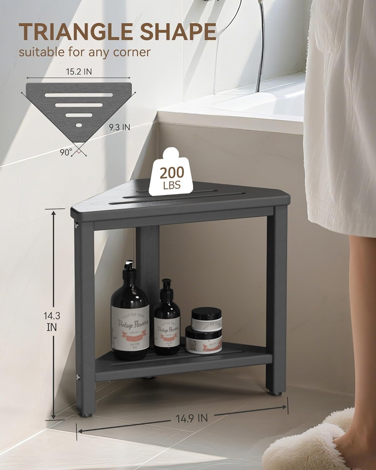 Shower Stool – 15" Waterproof Corner Shower Foot Rest with Storage ...