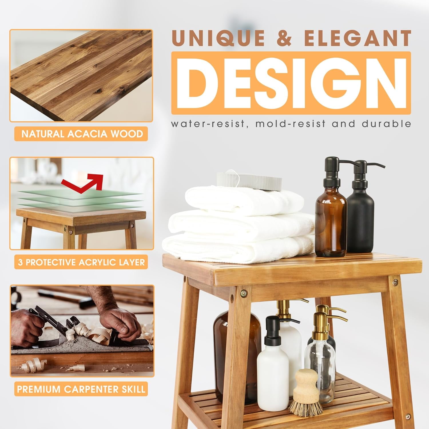 Shower Stool Bench Chair 16" Waterproof with Storage Shelf, Indoor Bath ...