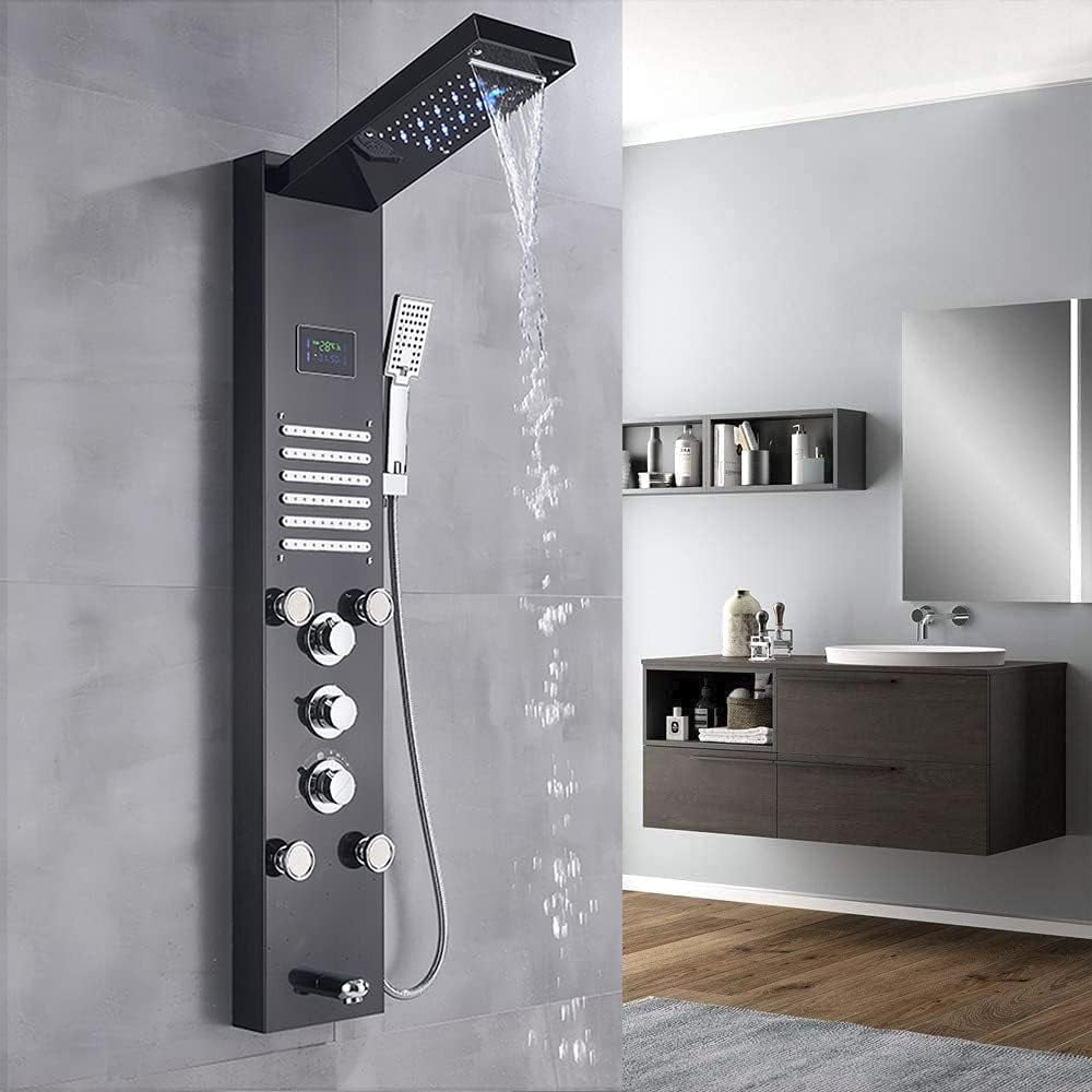 Shower System Black Shower Tower LED Shower Panel Column With Rainfall ...