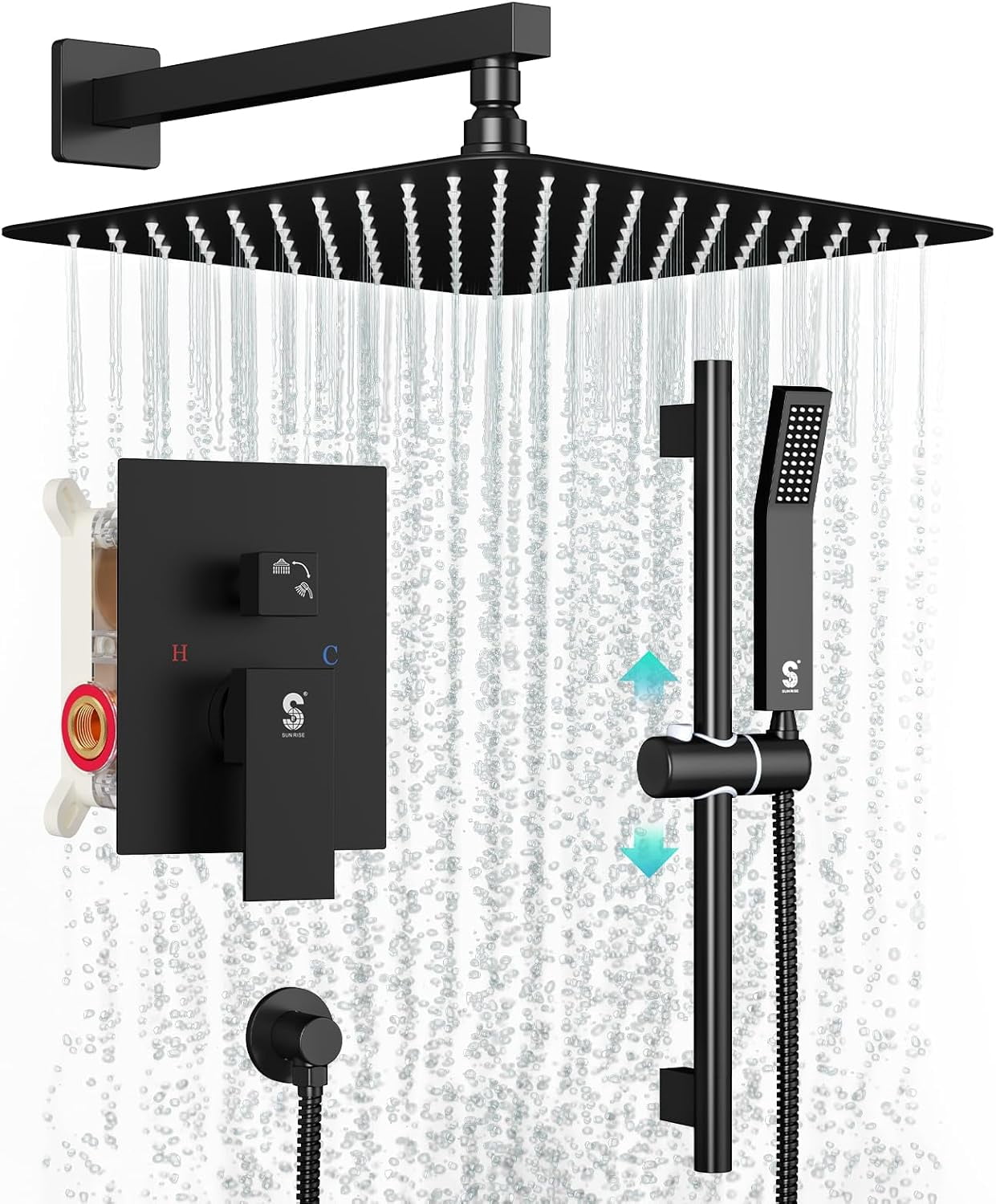 Shower System with Rain Showerhead Square Handheld Showerwith Slide Bar ...