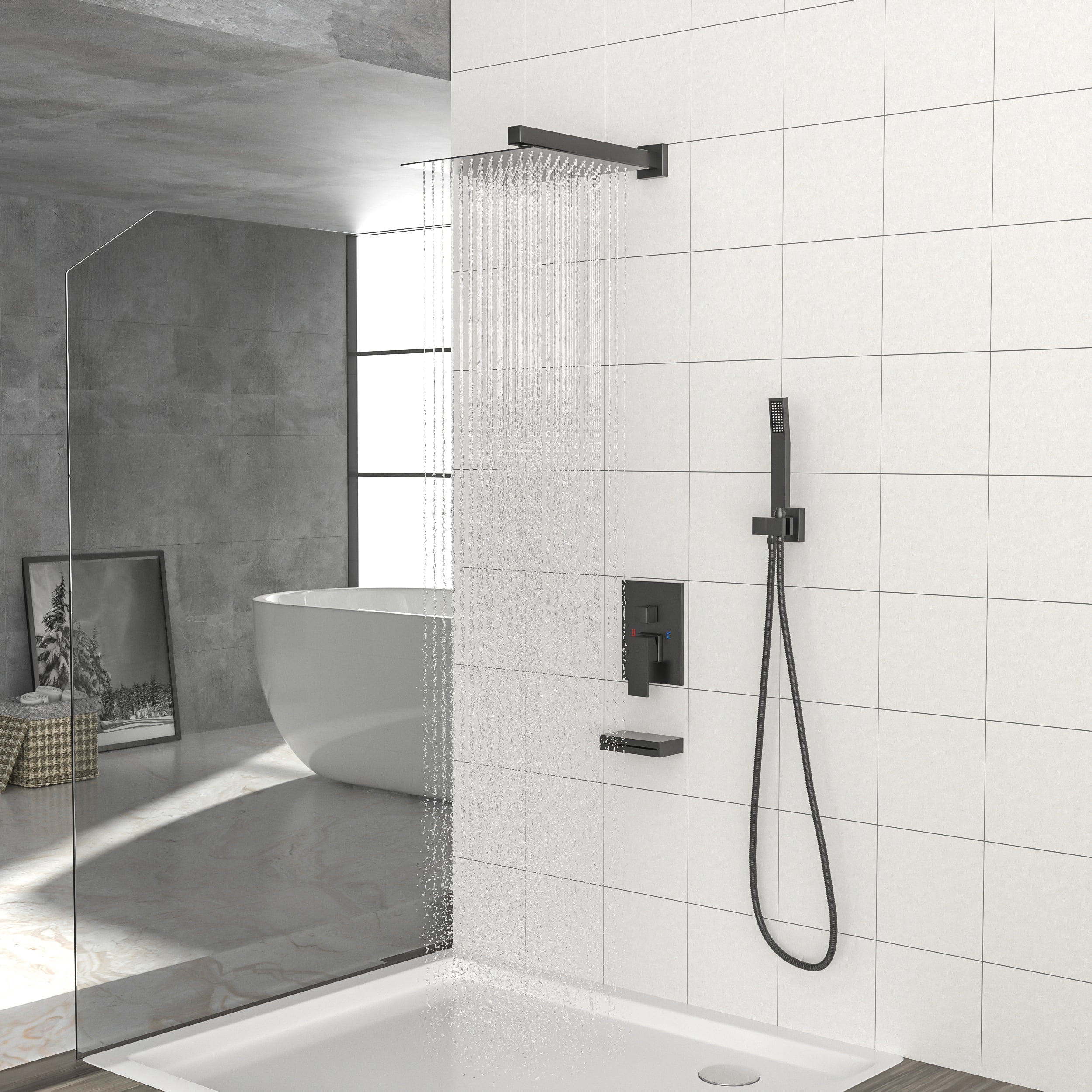 Shower System with Waterfall Tub Spout,12 Inch Wall Mounted Square ...