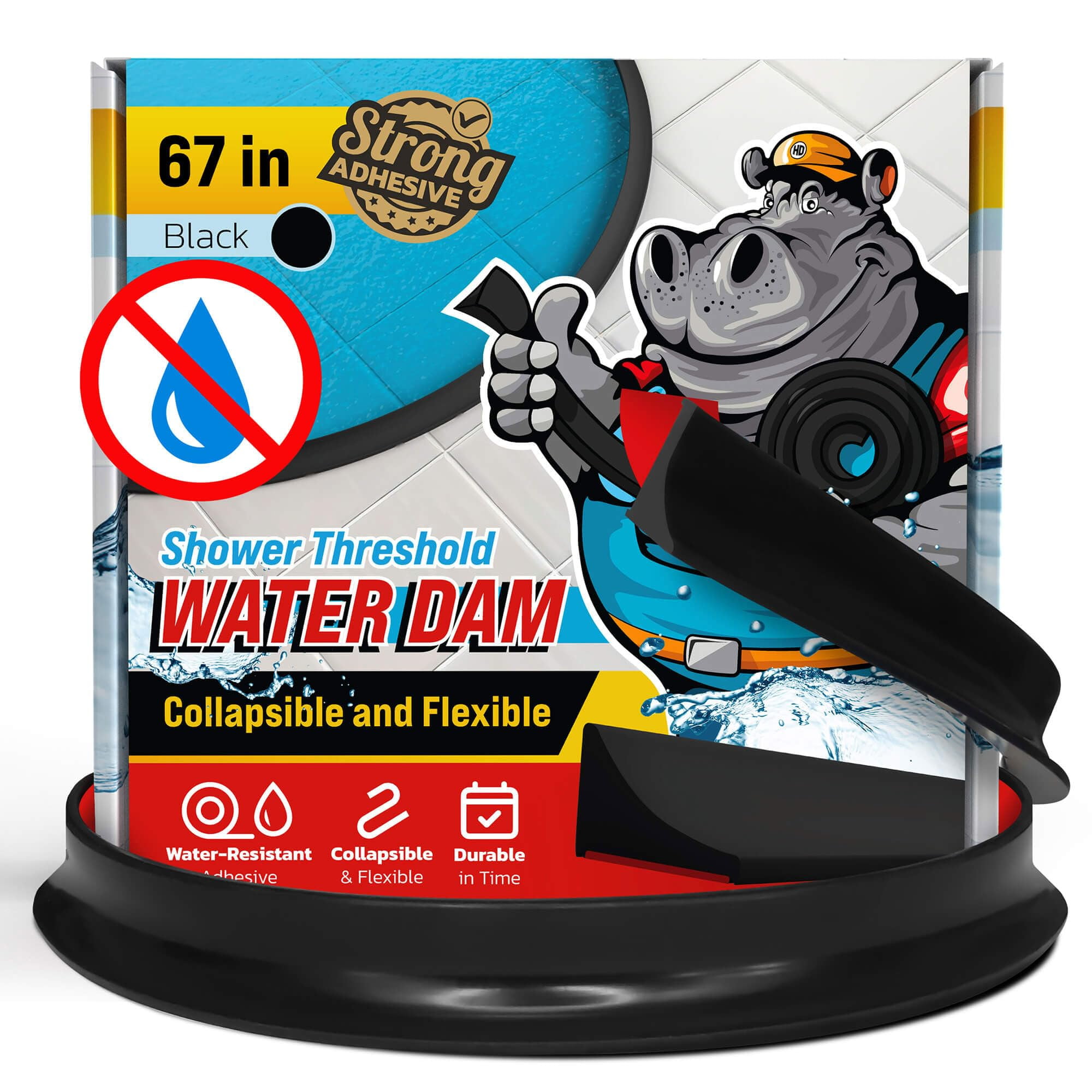 Shower Threshold Water Dam Barrier 67" - Black Collapsible Shower Water ...