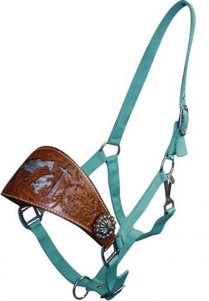 Showman Bronc Halter w/ Tooled Leather & Cowhide Praying Cowboy (Teal ...