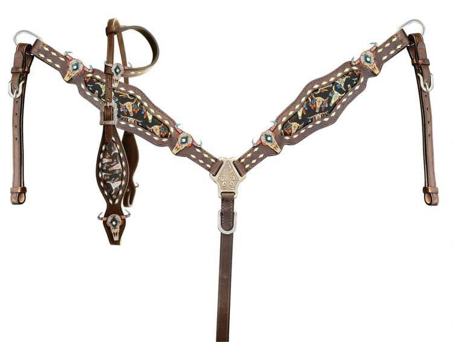 Showman Dark Leather Headstall & Breast Collar Set w/ Cow Skull Design ...