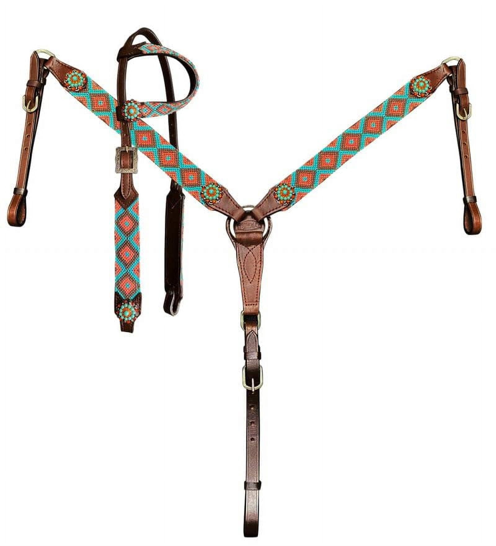 Showman Headstall & Breast Collar Set w/ Teal & Coral Southwest Woven ...