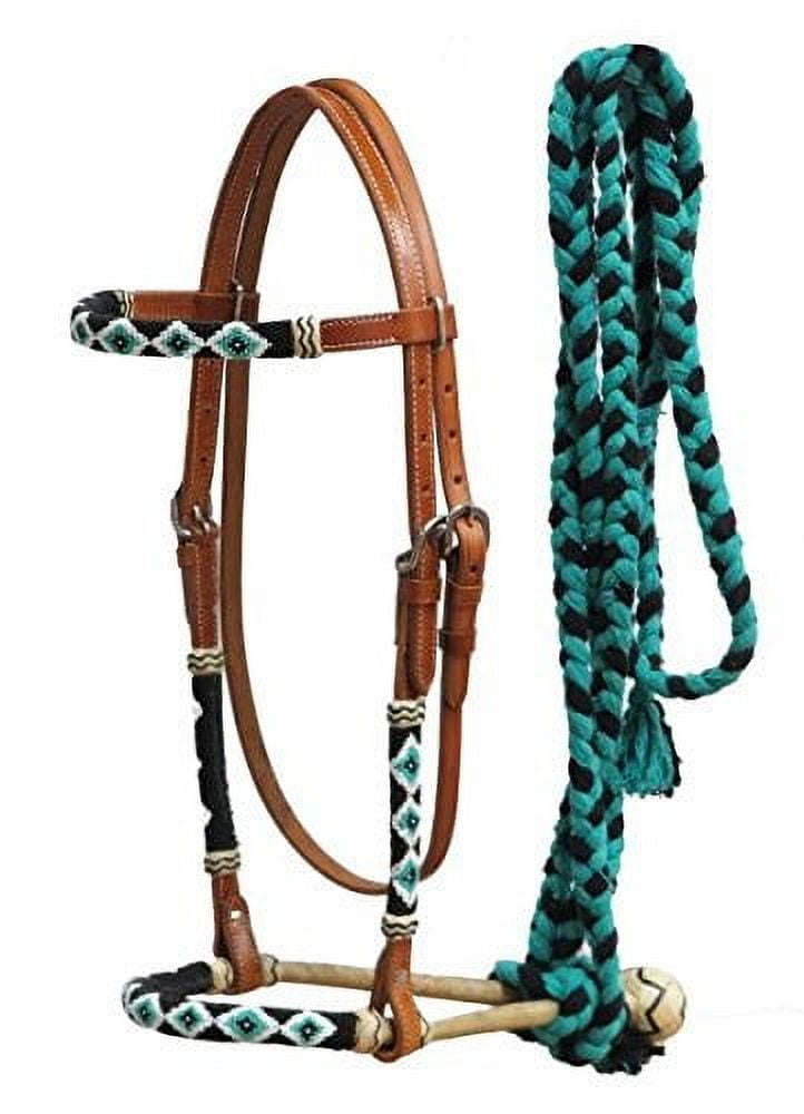 Showman Leather Bosal Headstall w/ Beaded Overlay & Black/Teal Cotton ...