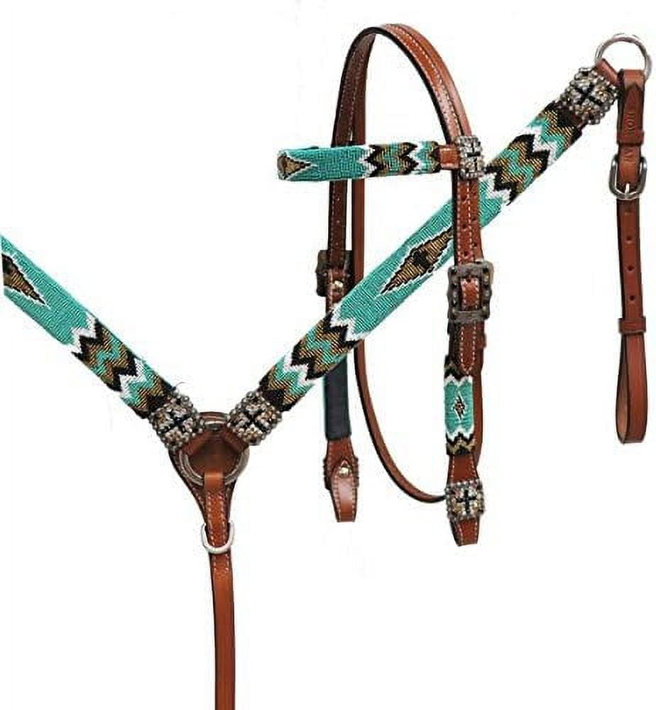 Showman Leather Headstall and Breast Collar Set with Teal, Gold & Black Beaded Overlay w Cross ...