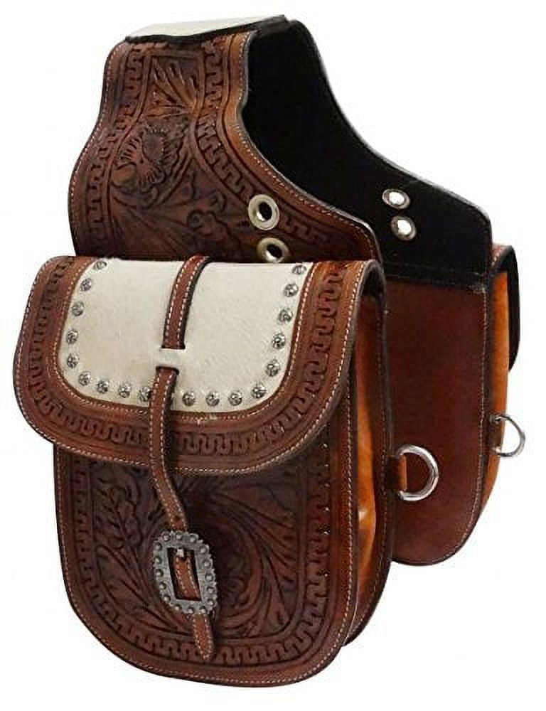 Showman Medium Oil Tooled Leather Saddle Bag w/ Genuine Cowhide Overlay ...