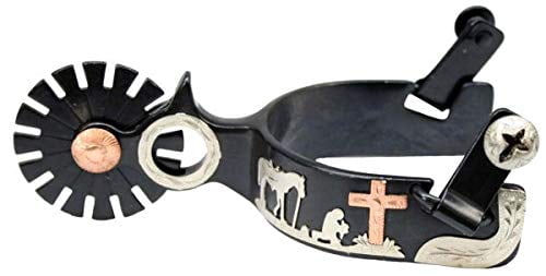 Showman Men's Black Steel Show Spurs w/ Copper Cross & Silver Praying ...