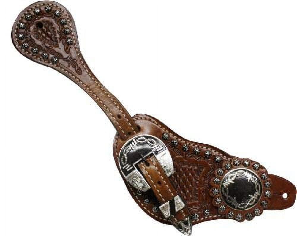 Showman Men's Tooled Leather Spur Straps w/ Silver Engraved Barbed Wire ...