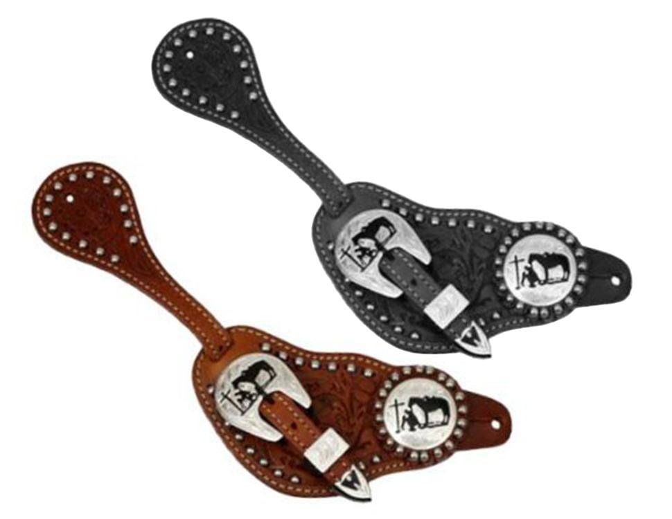 Showman Men's Tooled Leather Spur Straps w/ Silver Engraved Praying ...