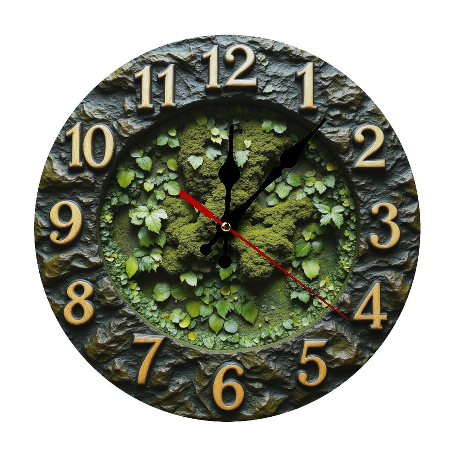 Shows a lush, green, leafy pattern covering the entire clock face. 9.8 ...