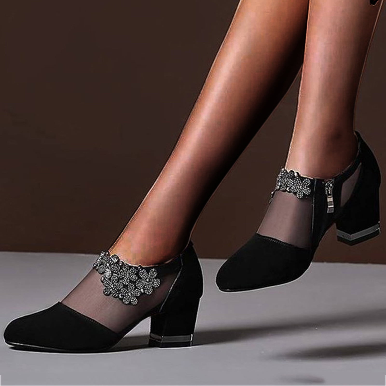 Shpwfbe Shoes For Women Fish Mouth Thick Heel High Heel Lace Mesh High ...