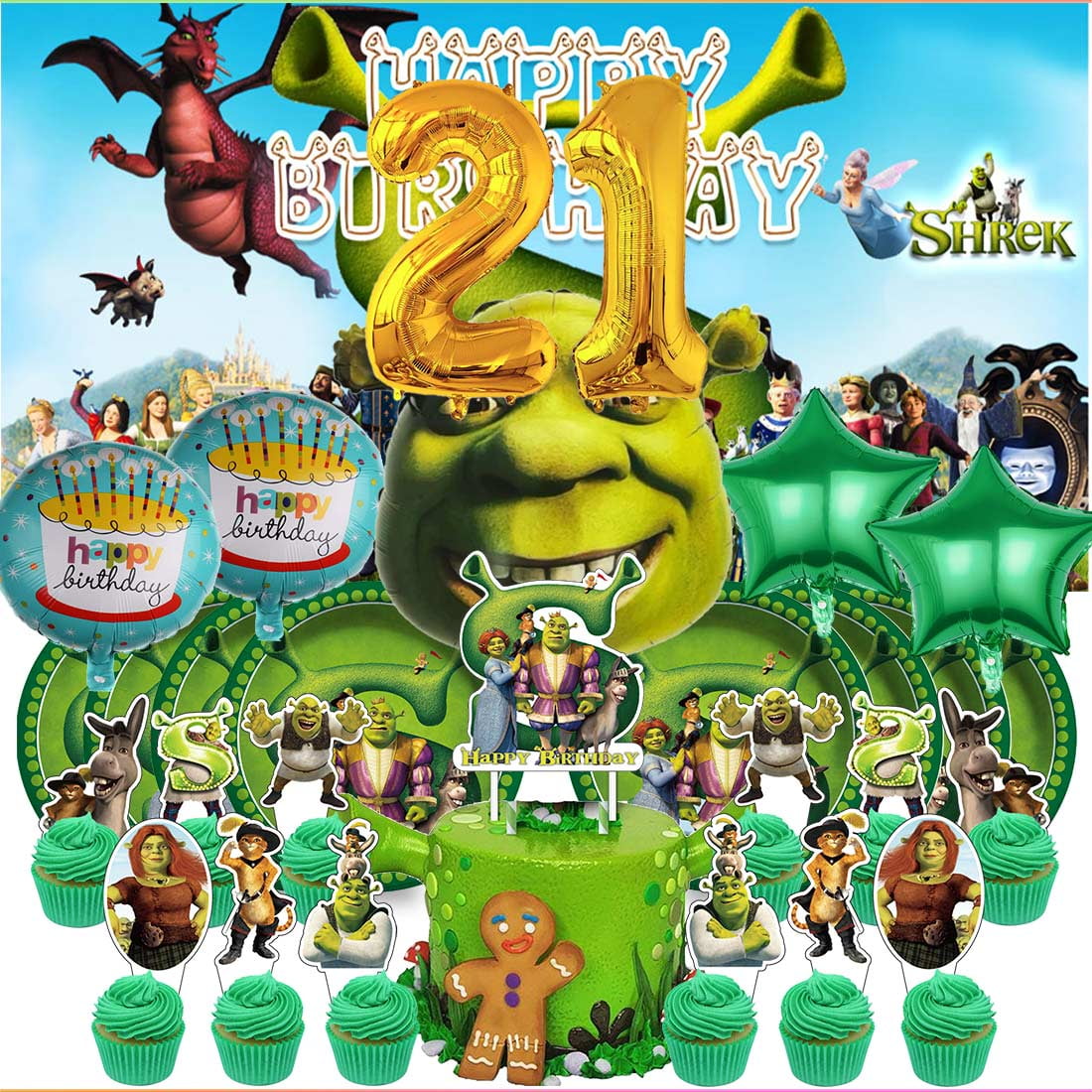 Shrek 21th Tableware Balloons Cake Toppers Backdrop Banner Supplies ...