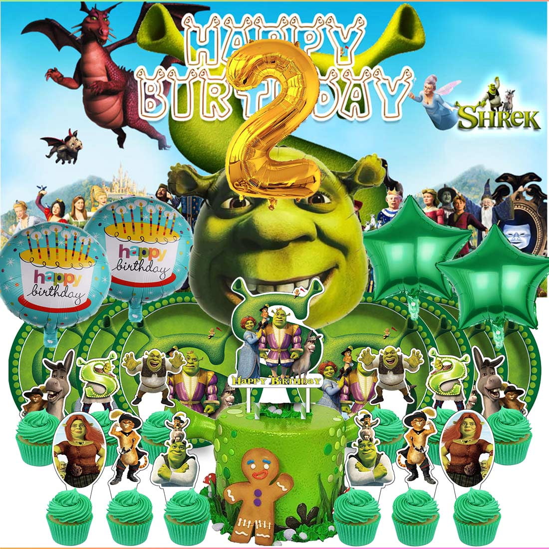 Shrek 2nd Tableware Balloons Cake Toppers Backdrop Banner Supplies ...