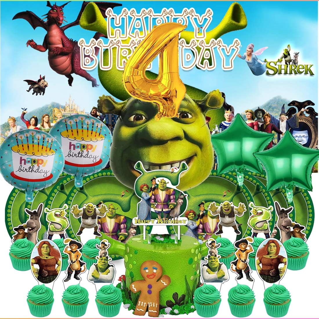 Shrek 4th Tableware Balloons Cake Toppers Backdrop Banner Supplies ...