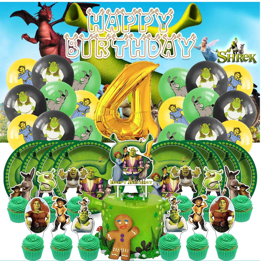 Shrek Balloons Party Supplies 4th Decor Tableware Birthday Cake Topper ...