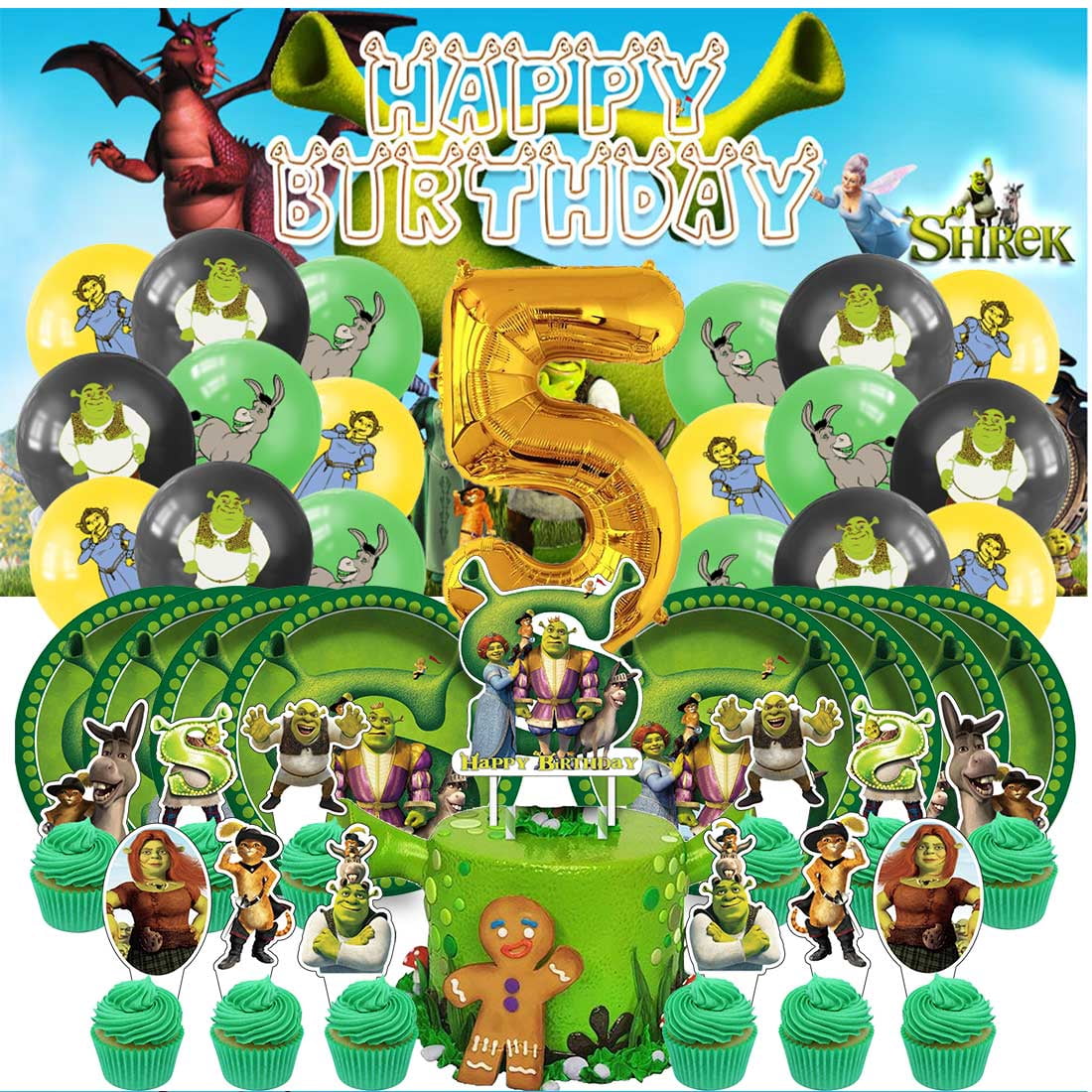Shrek Balloons Party Supplies 5th Decor Tableware Birthday Cake Topper ...