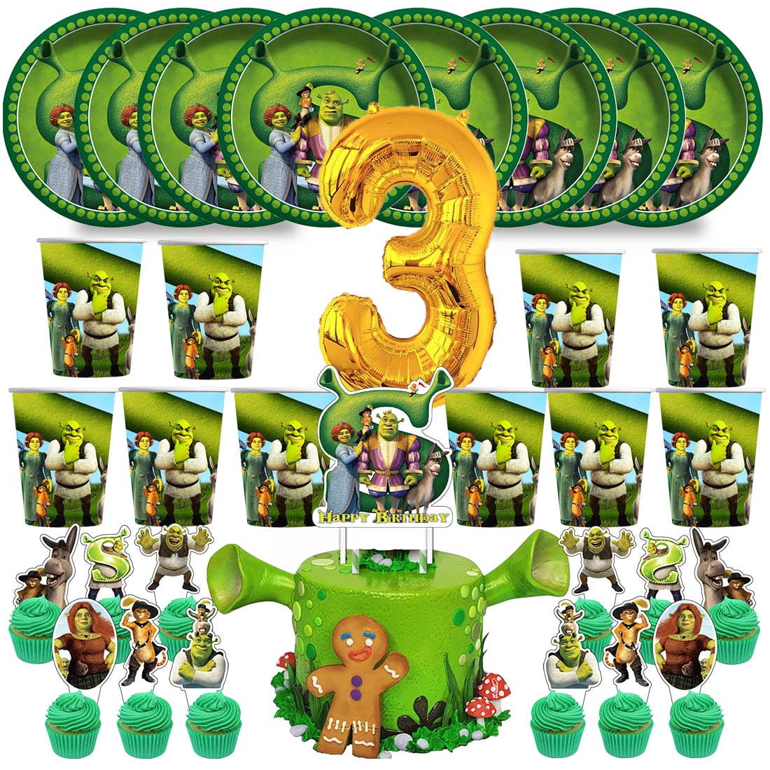 Shrek Birthday 3rd Cups Party Supplies Plates Fans Decorations Cake ...