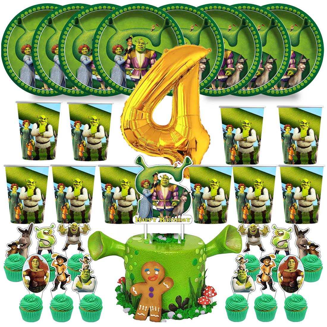 Shrek Birthday 4th Cups Party Supplies Plates Fans Decorations Cake ...