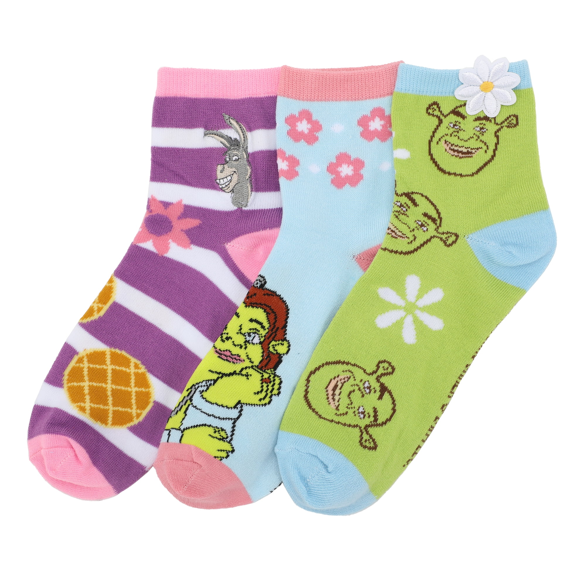 Shrek Characters & 3D Flowers Women's 3-Pair Casual Quarter Crew Ankle ...