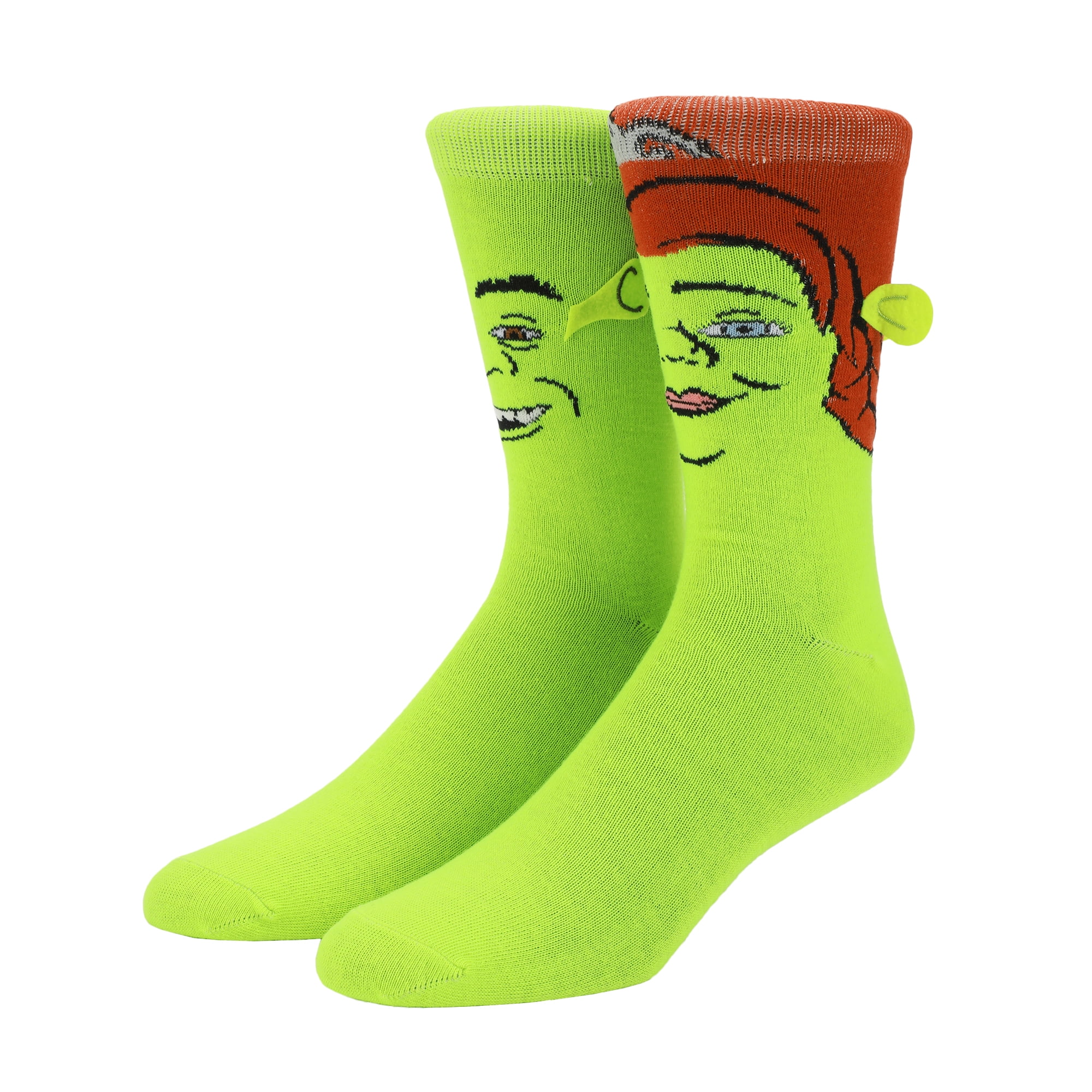 Shrek Fiona & Shrek Faces With 3D Ears Men's Green Casual Crew Socks ...