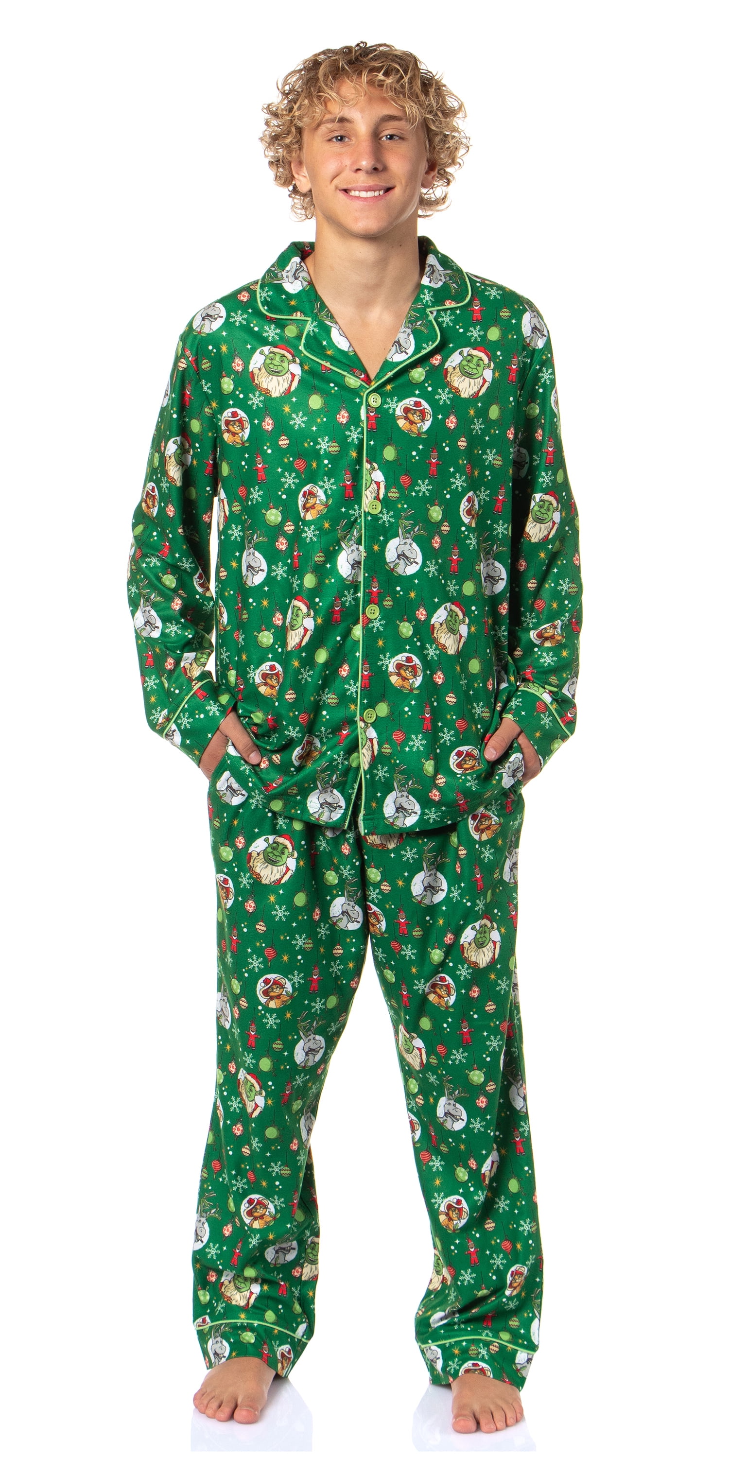 Shrek Men's Christmas Donkey Puss in Boots Tossed Print Button Down ...