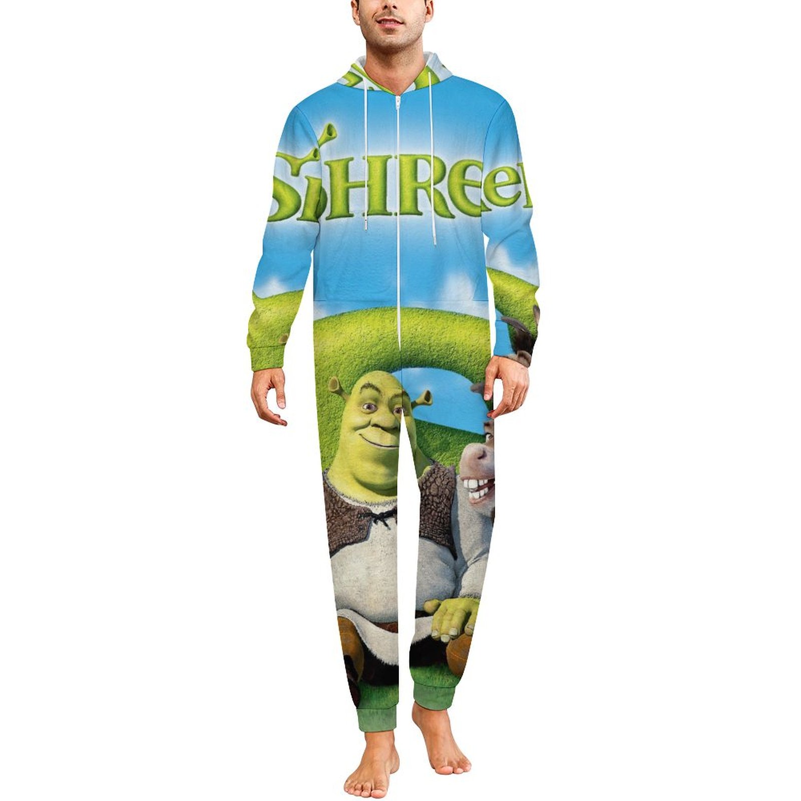 Shrek Men's Hooded Jumpsuit Onesie Pajamas Cozy Zip Up One Piece ...