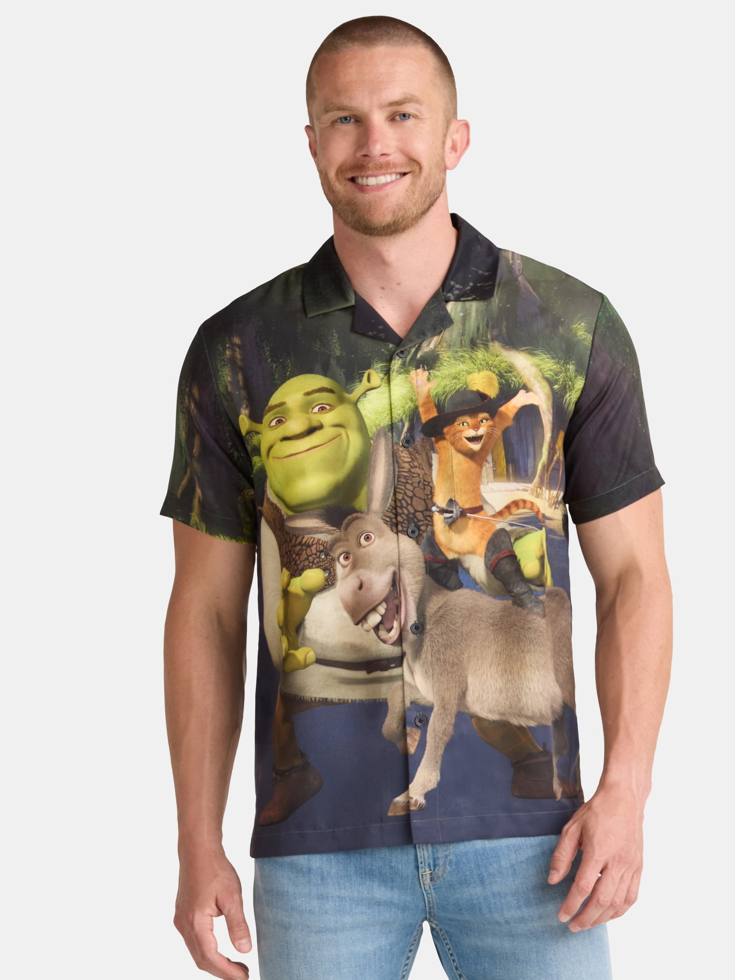 Shrek Men's and Big Men's Group Pose Graphic Button Up Shirt, Sizes S ...