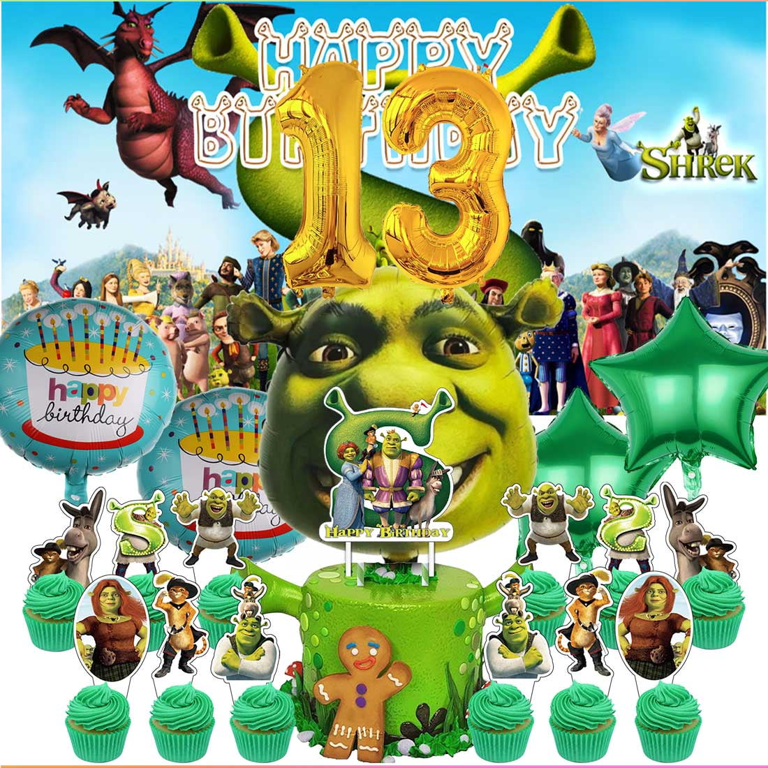 Shrek Party Supplies Decor 13th Kit Balloons Birthday Cake Topper ...