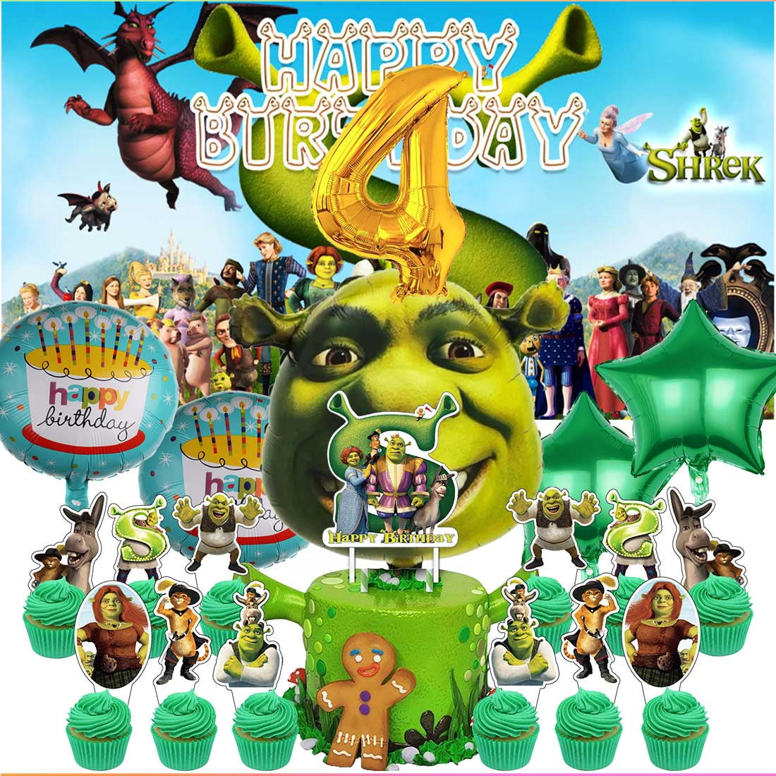 Shrek Party Supplies Decor 4th Kit Balloons Birthday Cake Topper Banner ...