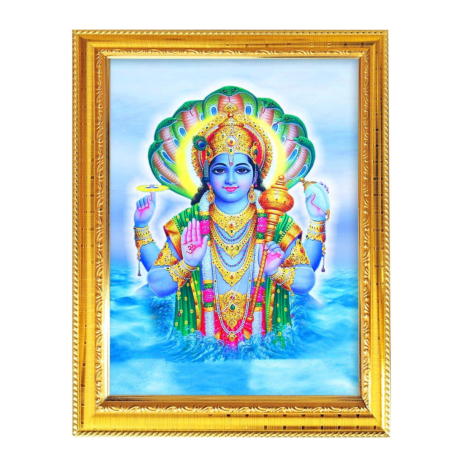 Shri Hari Vishnu Narayana Indian God Photo With Golden Frames Wall Art Table 8.3X6.5 Inches ...